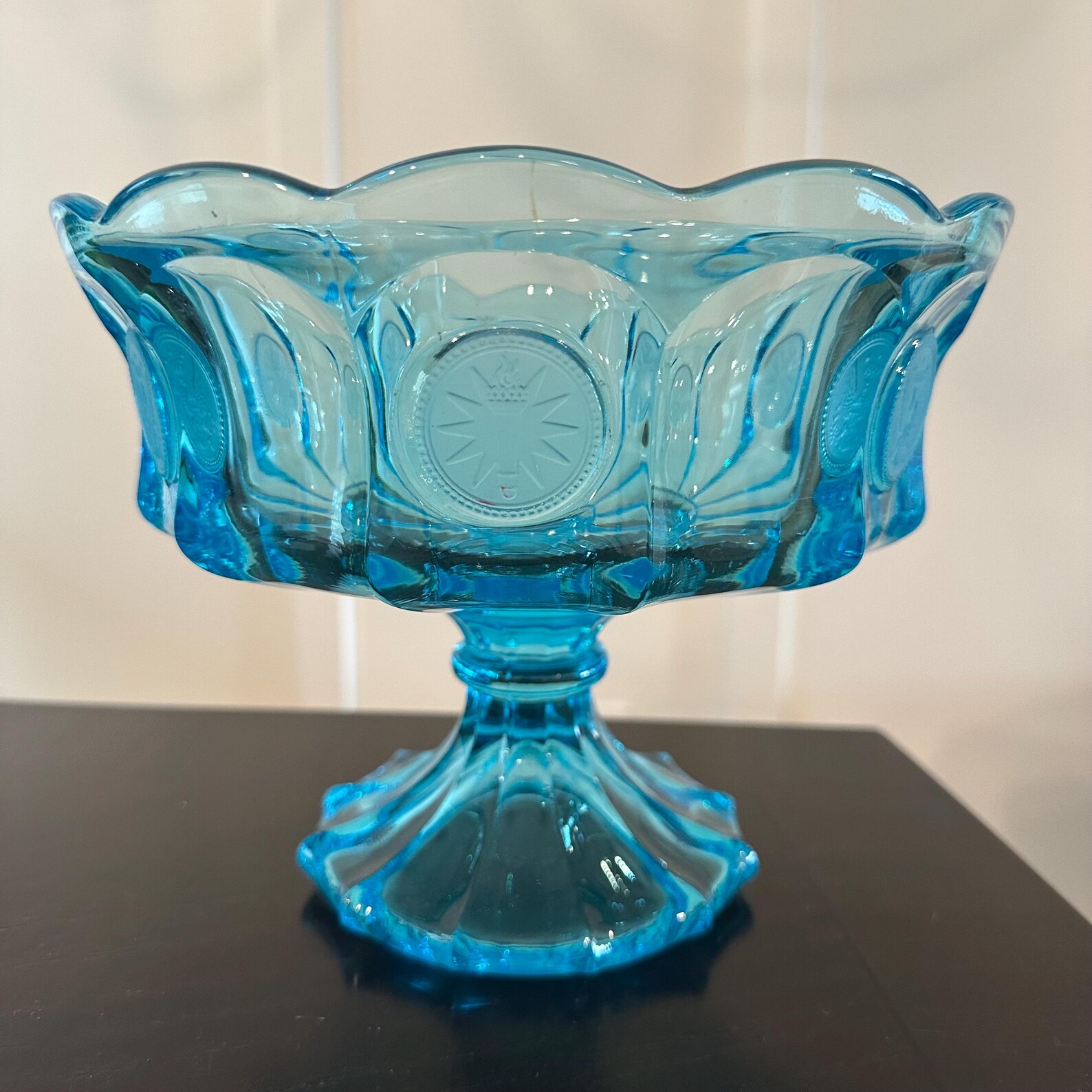 MCM Fostoria Coin Blue Glass Compote Pedestal Bowl Art Glass - Etsy
