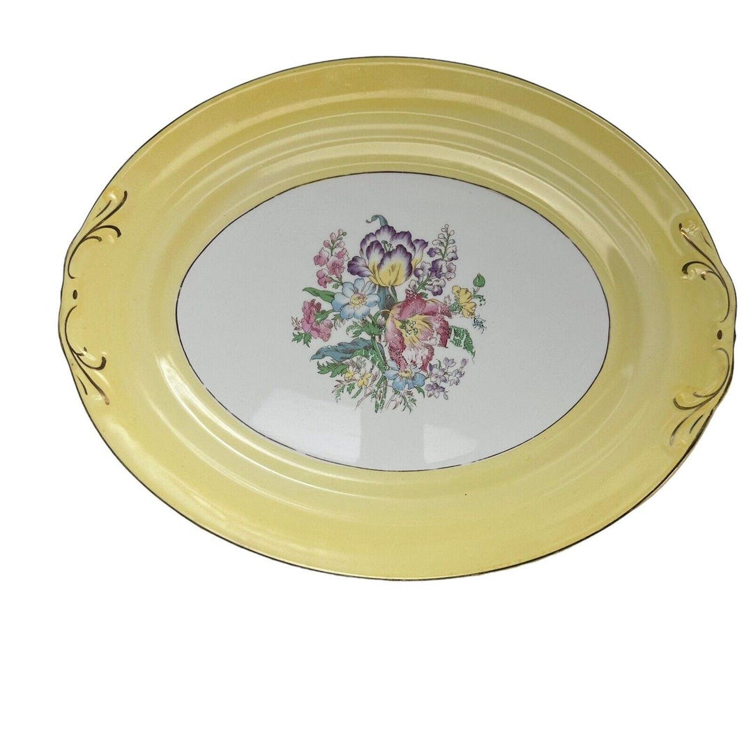Vintage Crown Potteries Co Oval Serving Platter Yellow Floral Pattern ...