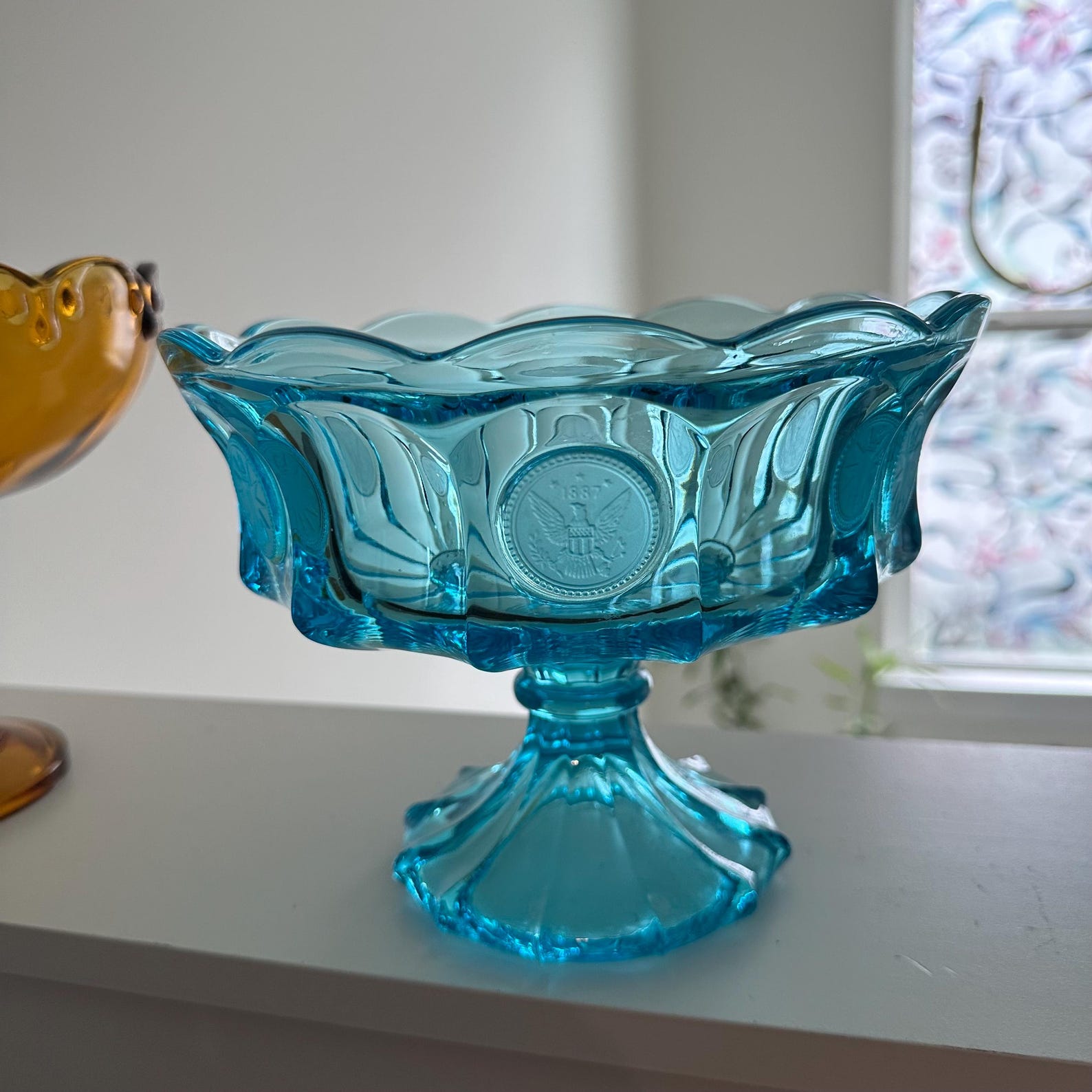 MCM Fostoria Coin Blue Glass Compote Pedestal Bowl Art Glass - Etsy