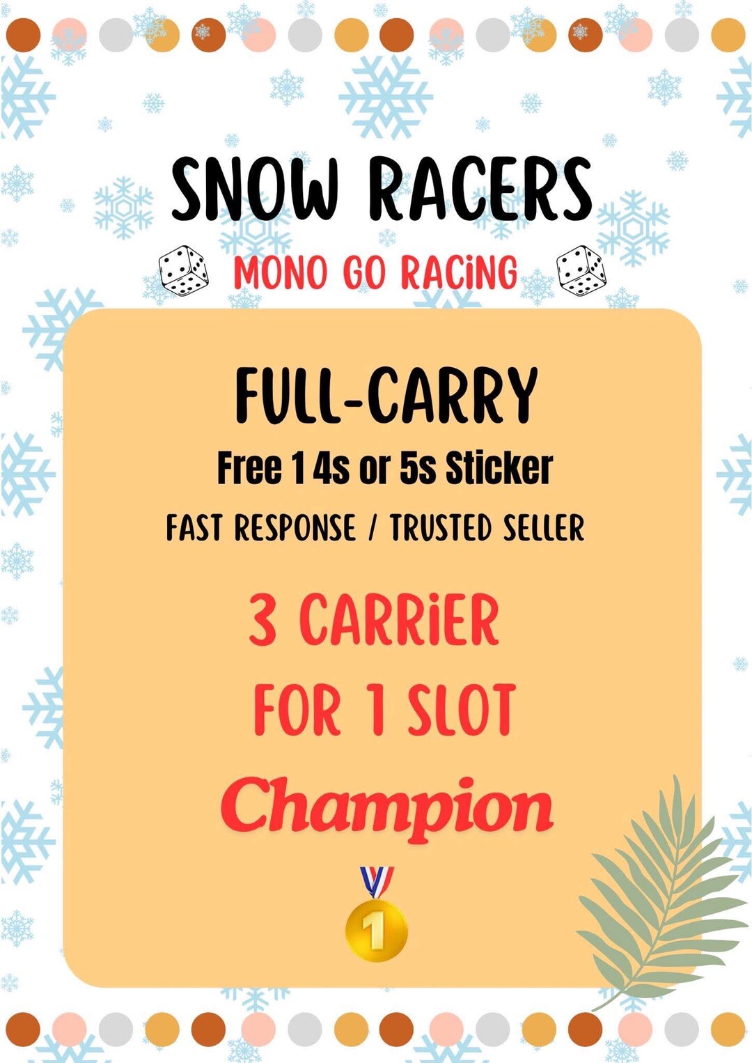 Snow Racers 1st Place january 9 Mono Go 1 Free Sticker Champion or ...