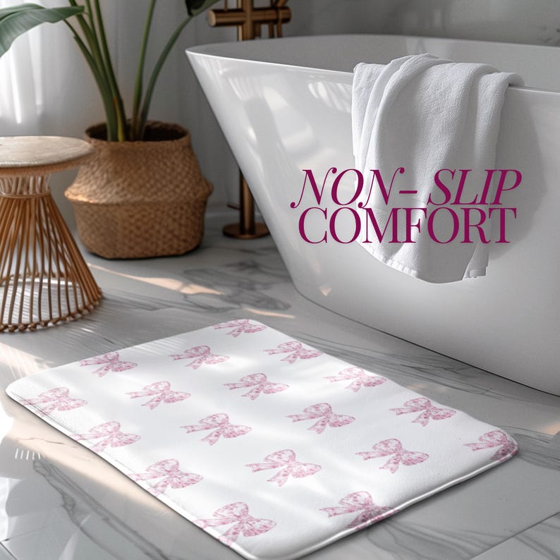 Pink Toile Bow Bath Mat Memory Foam Ballet Theme Bath Mat Little Girls ...