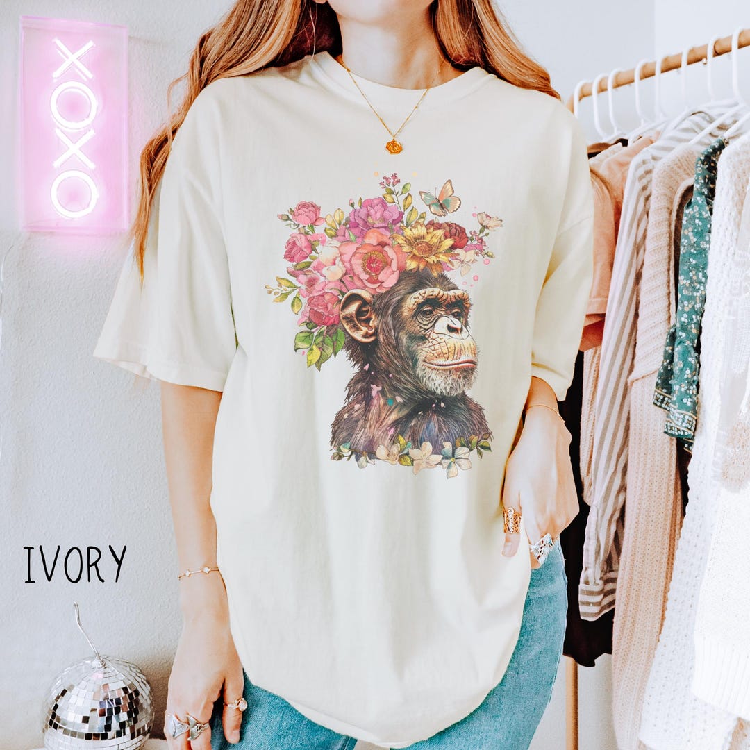 Boho Vintage Monkey Comfort Colors Floral Relaxed Fit Graphic Tshirt ...