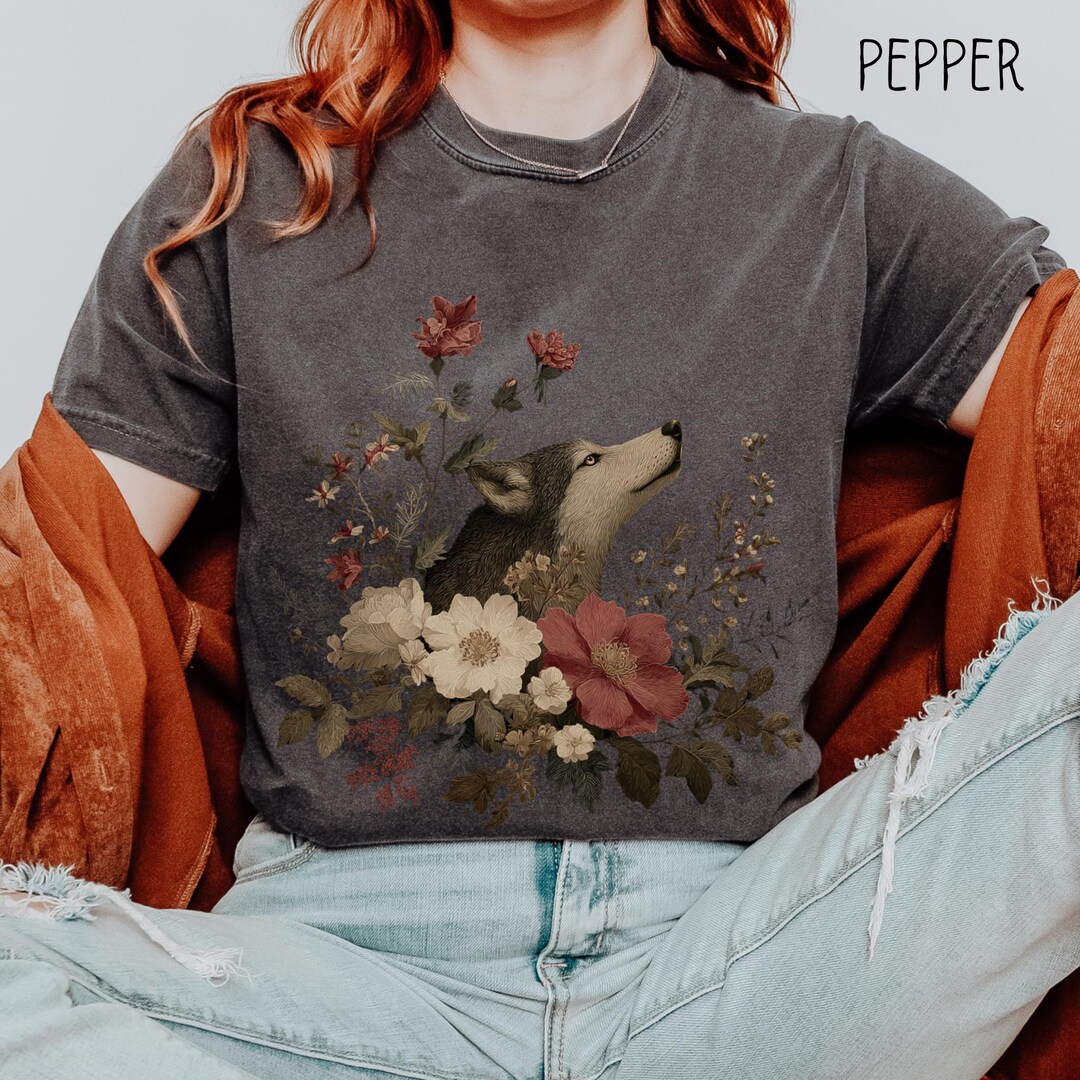 Dark Floral Wolf Comfort Colors Tee & Long Sleeve Shirt, Lone Wolf Top ...