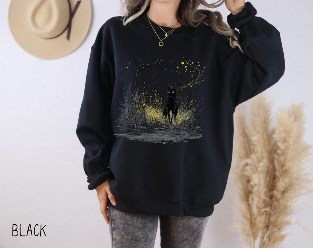 Dark Forestcore Wolf Sweatshirt, Firefly Lit Wolf Nature Scene, Spooky ...