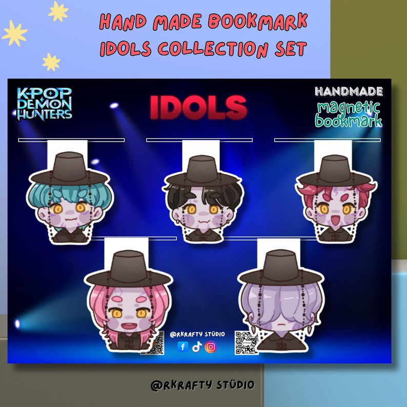 Hand Drawn Kpop Chibi Demon Hunters Saja Boys and Idols Magnetic ...