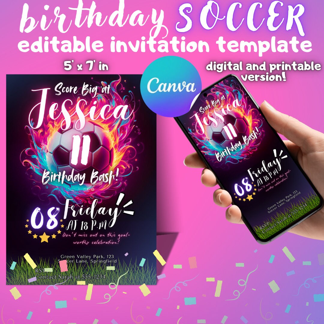 Girl Soccer Invitation Birthday, Template Editable, Template Birthday ...
