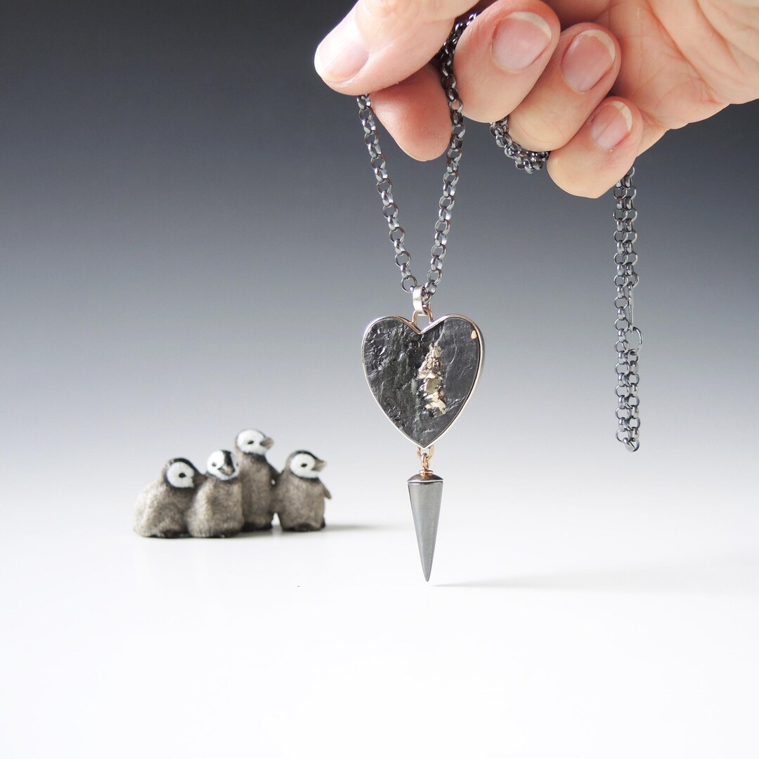 Pyrite in Slate Heart Pendant With Pointed Hematite Drop in Sterling ...