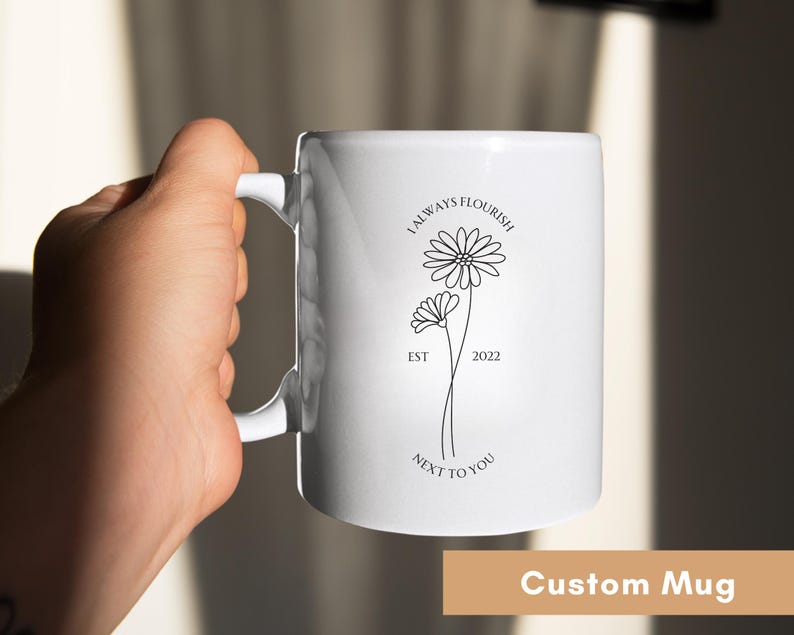 Personalized Floral Line Art Mug, Custom Birth Flower Coffee Cup ...