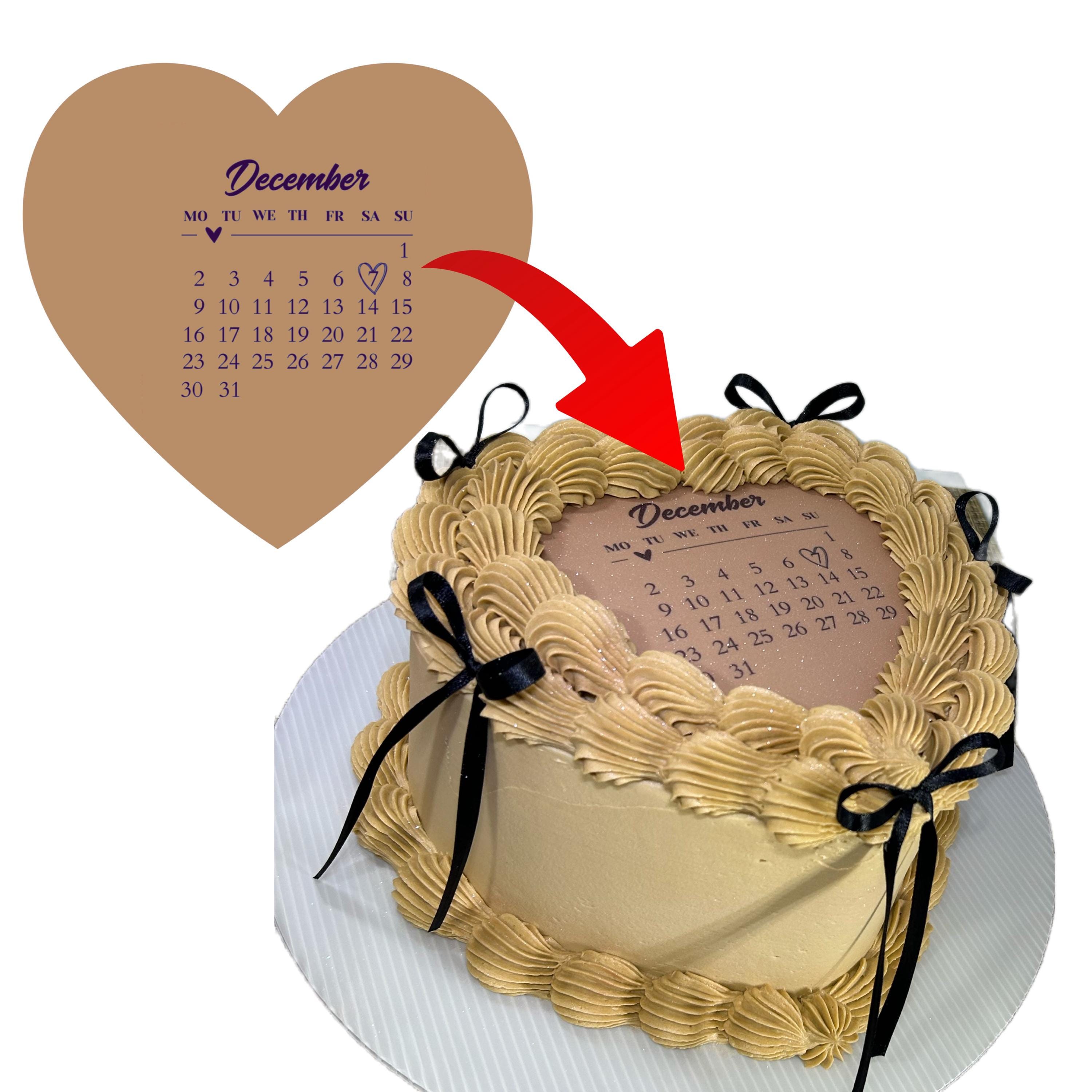 Custom Heart Calendar Edible Cake Topper Frosting Paper Dark Beige ...