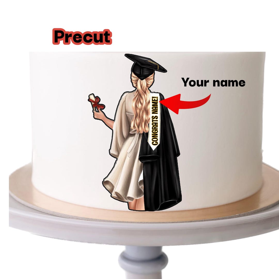 2025 Graduation Edible Cake Topper, Blond Hair Graduated Girl Back View ...