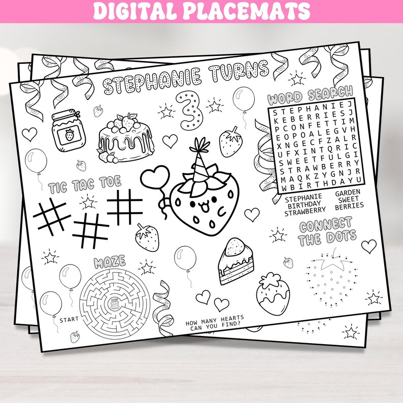 Personalized Strawberry Coloring Placemat – Digital Birthday Activity ...