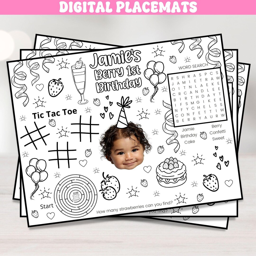 Strawberry Birthday Coloring Placemat | Berry Sweet Party Activity Mat ...