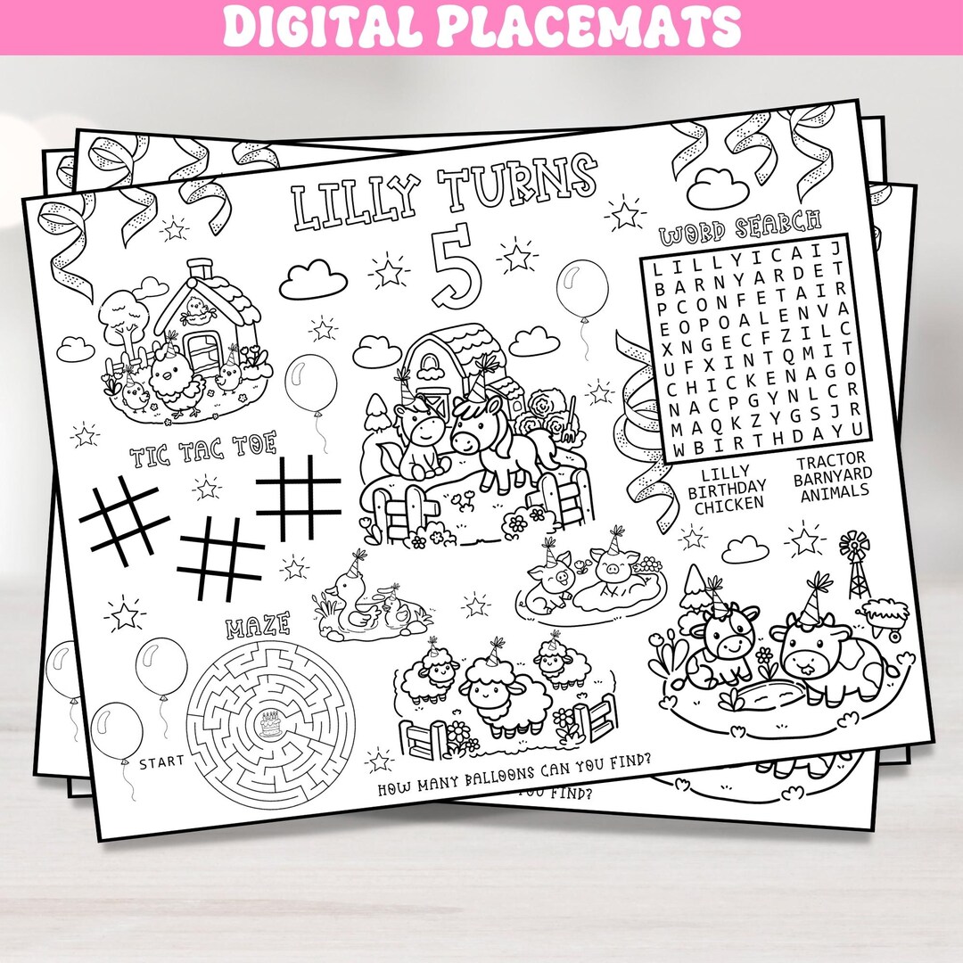 Personalized Farm Animals Coloring Placemat – Digital Birthday Activity ...