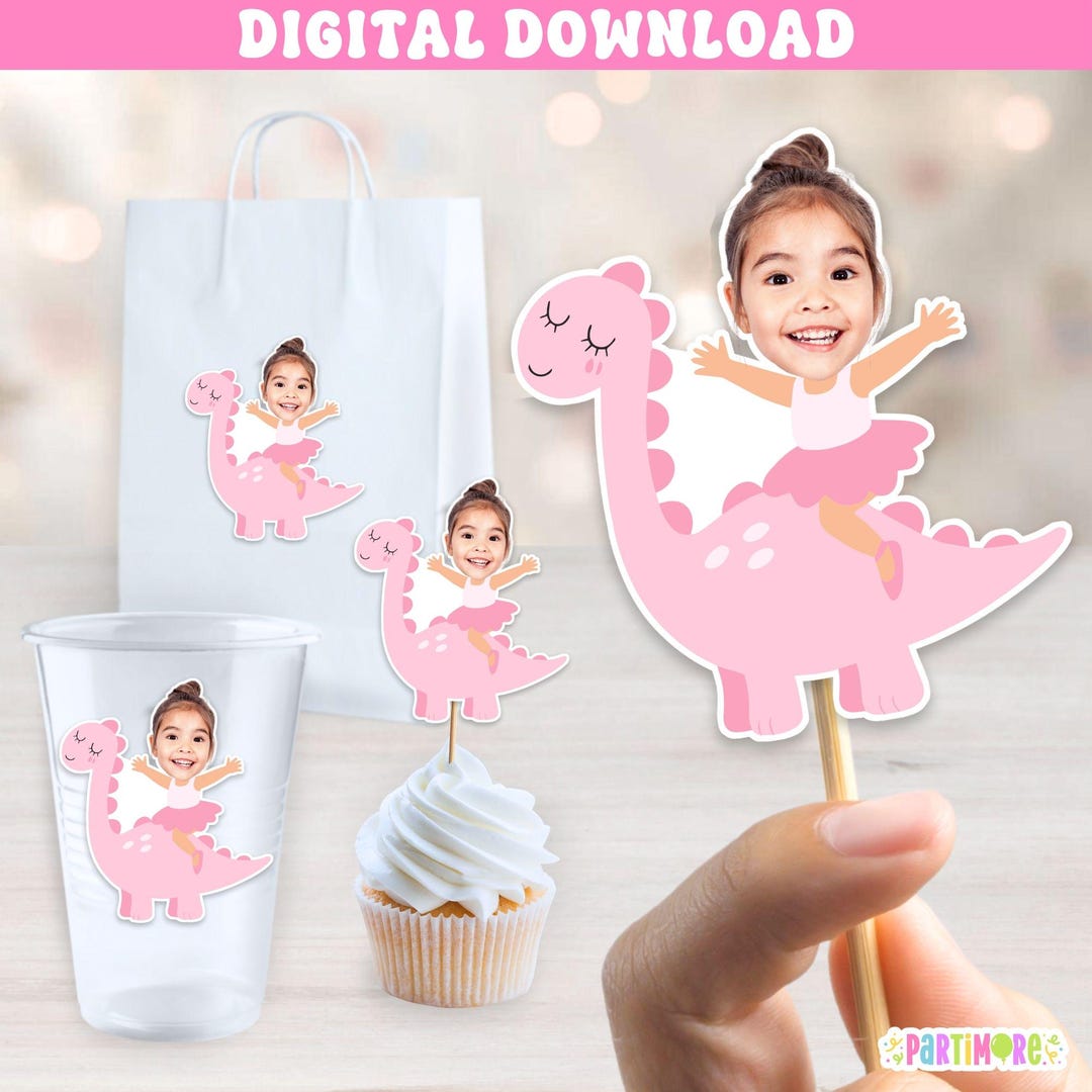 Girl Dinosaur Cupcake Toppers | Personalized Face Cutouts Pink Dino ...