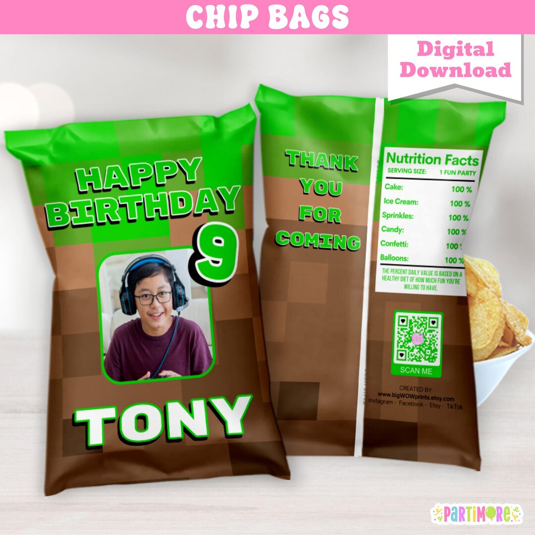 Gamer Birthday Chip Bags | Building Block Party Favor Wrappers | Level ...