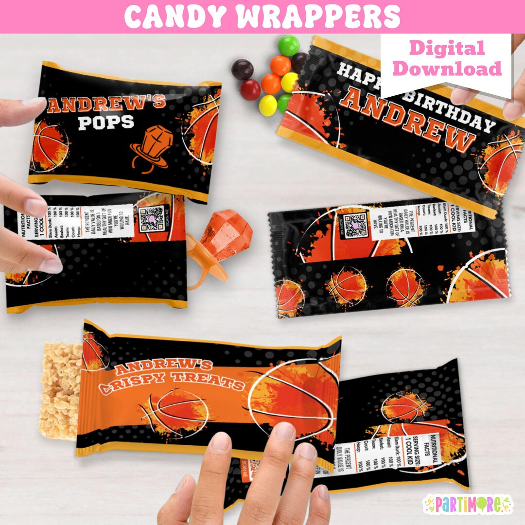 Basketball Party Favor Candy Wrappers | Hoop Theme Snack Wrappers ...