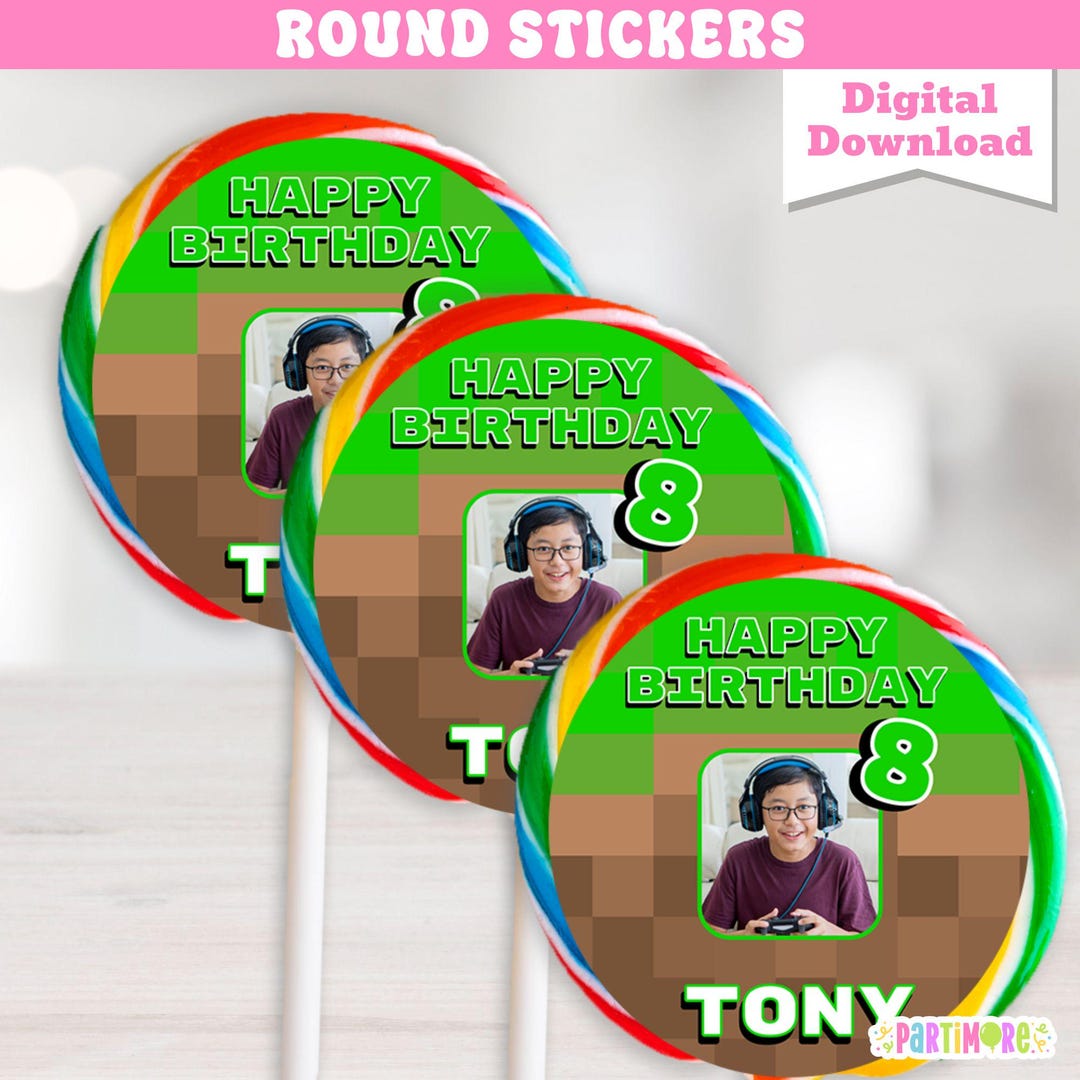Gamer Round Stickers | Building Block Birthday Labels | Video Game ...