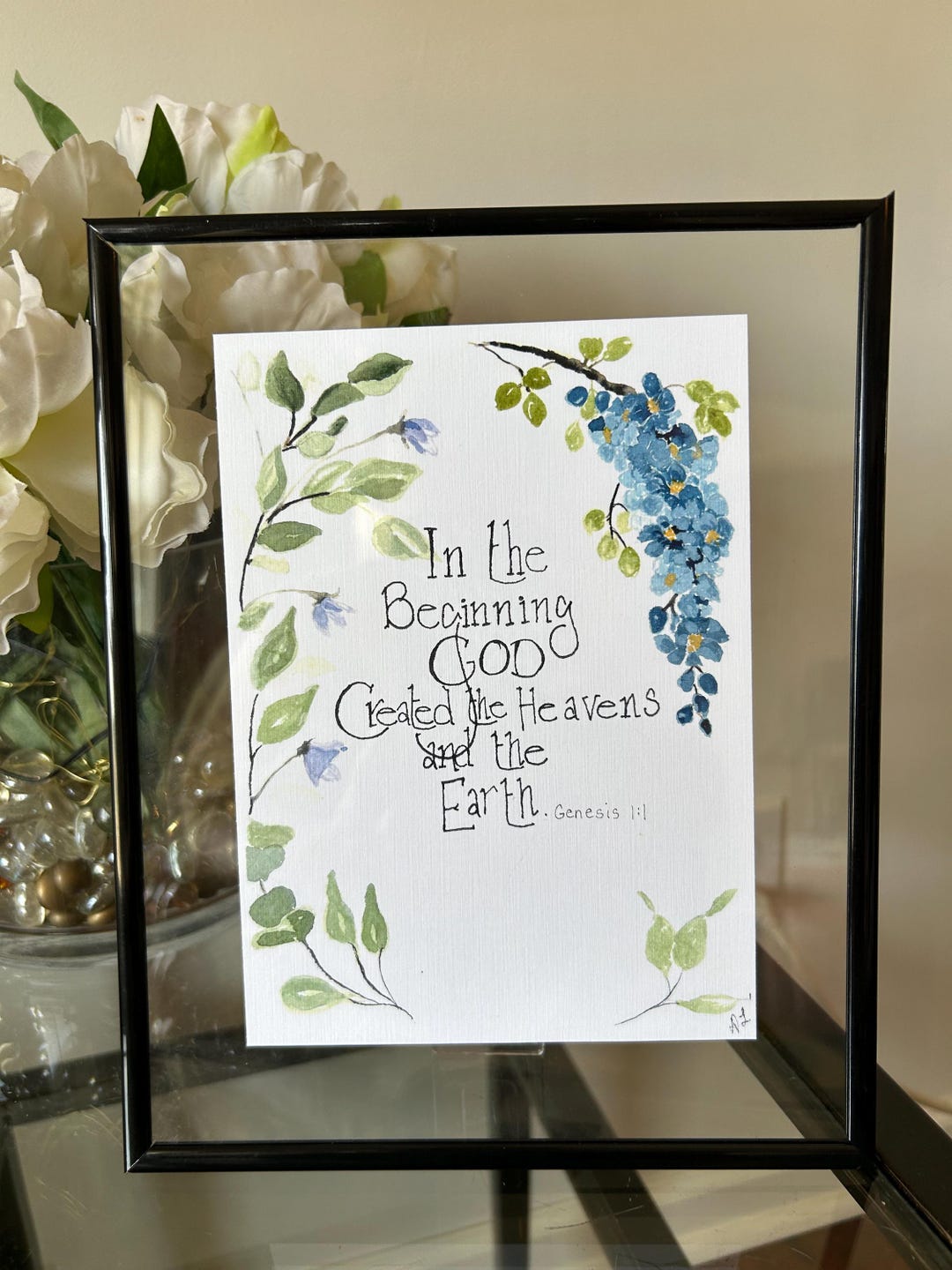 Scripture Art, Watercolor Framed Print With Blue Flowers. - Etsy