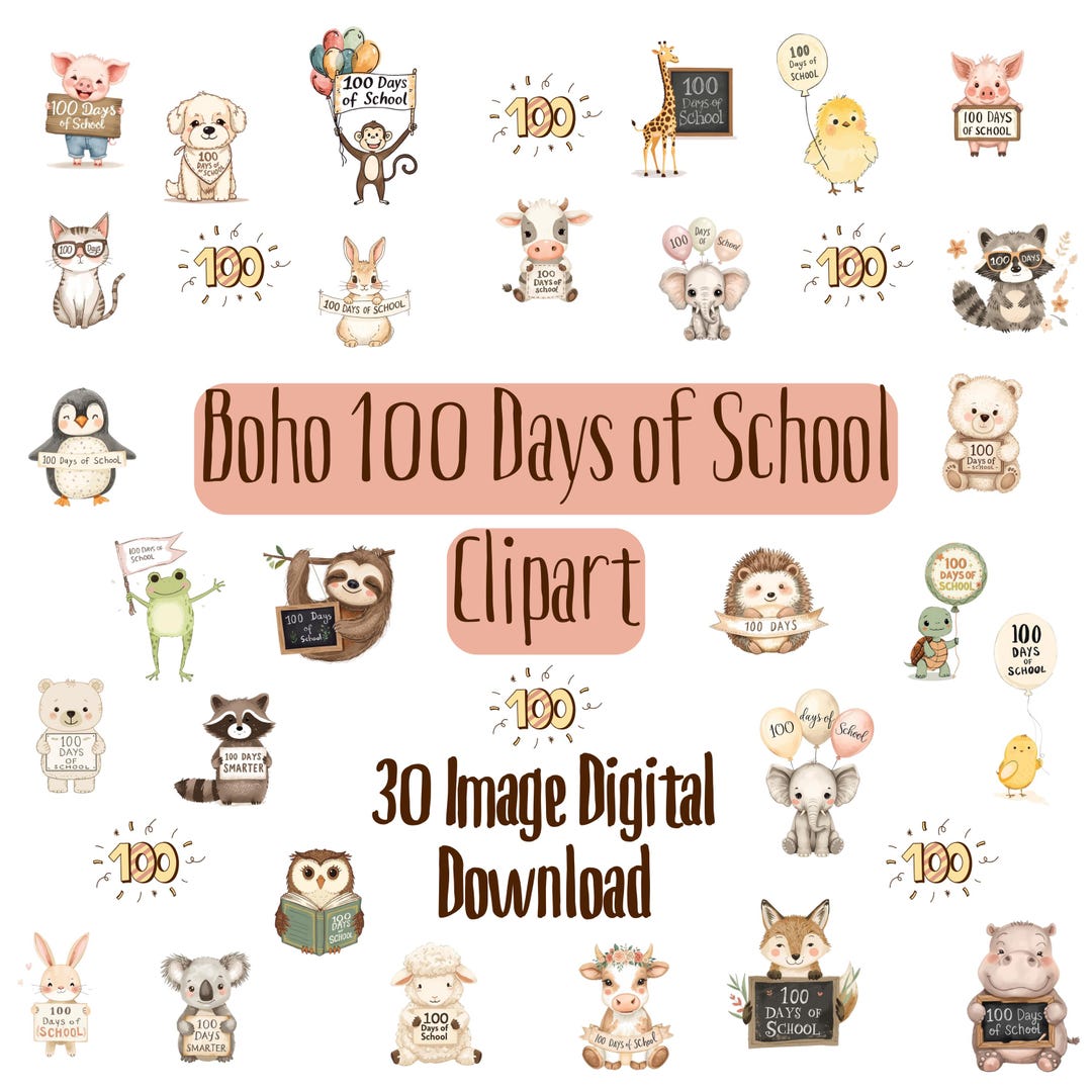 100 Days of School Clipart | Boho Animal Graphics (digital Download) - Etsy
