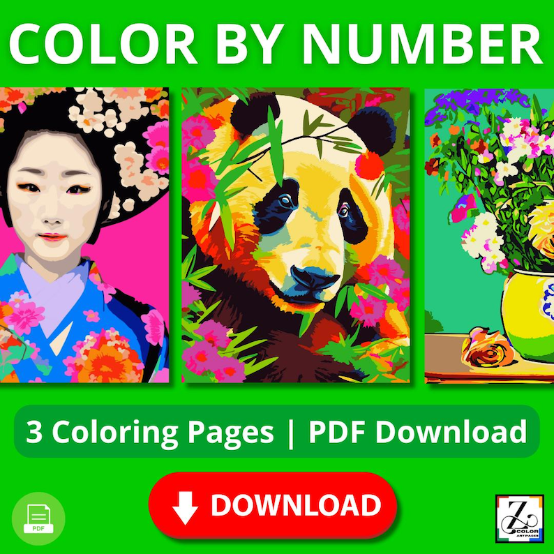 Color by Number Kit 3 Printable Pages Digital & Traditional Art Instant ...