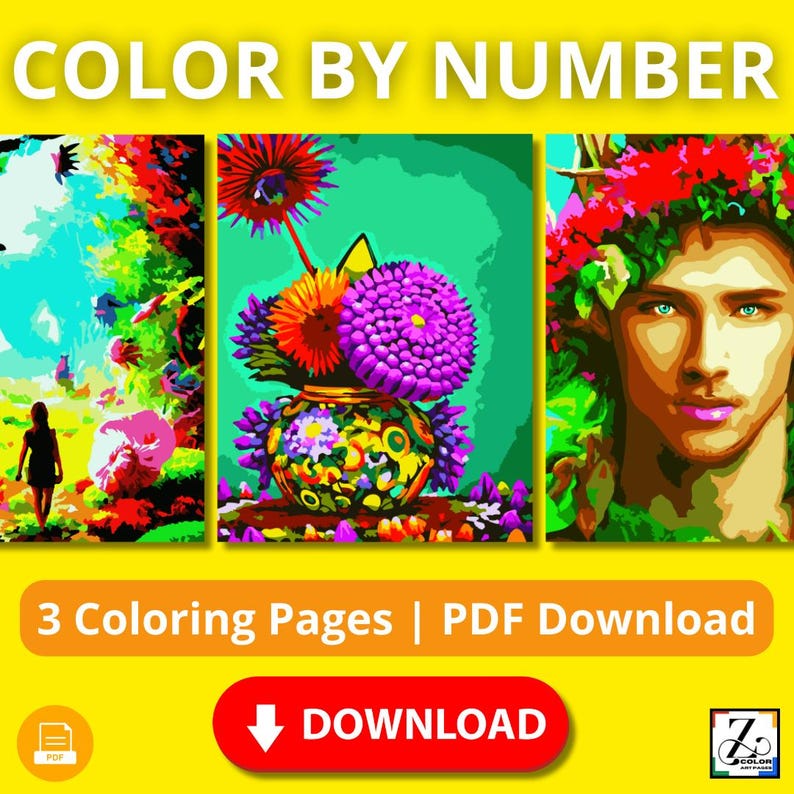 Color by Number Coloring Book – 3 Printable Pages | Paint by Number PDF ...