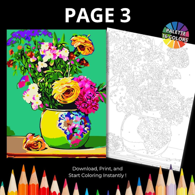Color by Number Kit 3 Printable Pages Digital & Traditional Art Instant ...