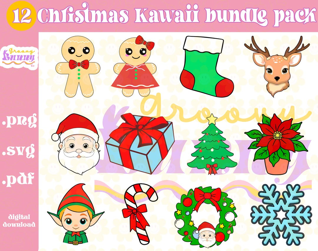 12 Christmas Kawaii Bundle Pack Svg/ Paquete Navideño Kawaii Svg Vector ...
