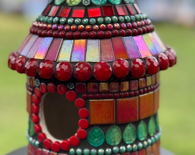 Round Mosaic Birdhouse: Red and Turquoise - Etsy