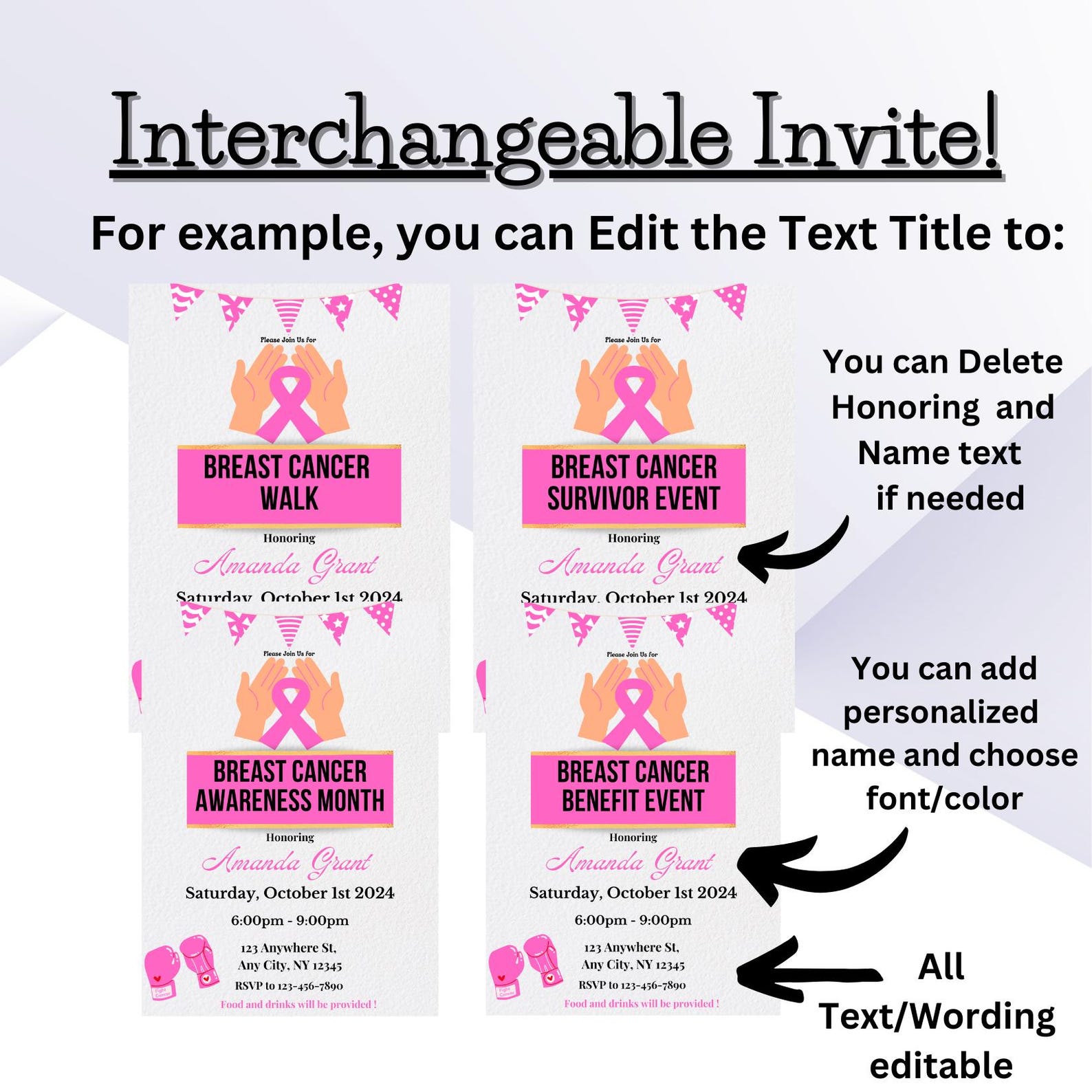 Interchangeable Breast Cancer Survivor Party Invitation: Pink Ribbon ...