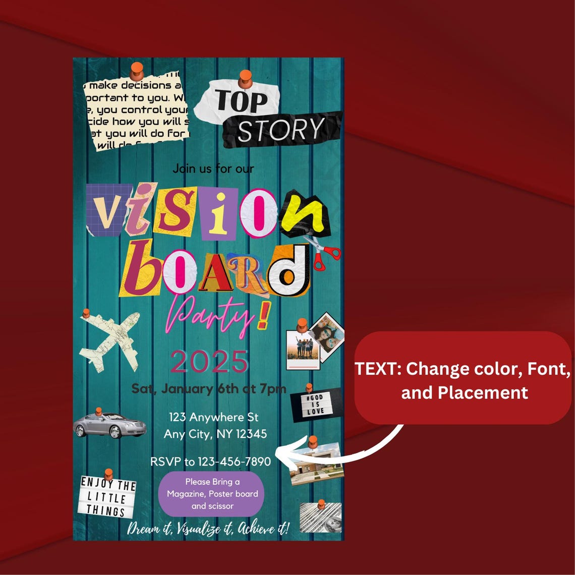 2025 Teal Vision Board Party Invitation, Manifestation Board, New Year ...