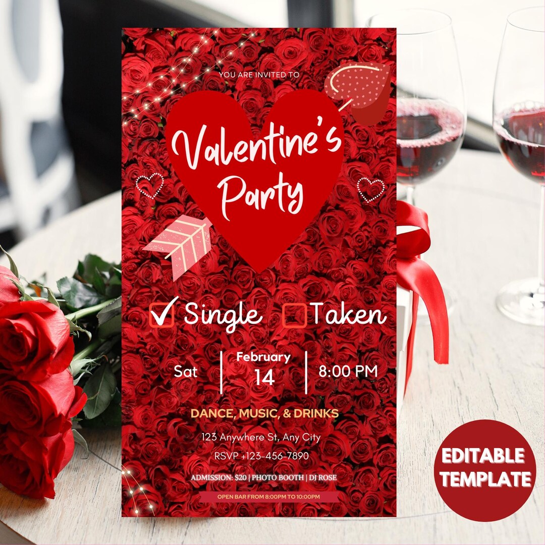 Red Rose Valentine's Day Party Invitation, Galentine's Day, Heart Theme ...
