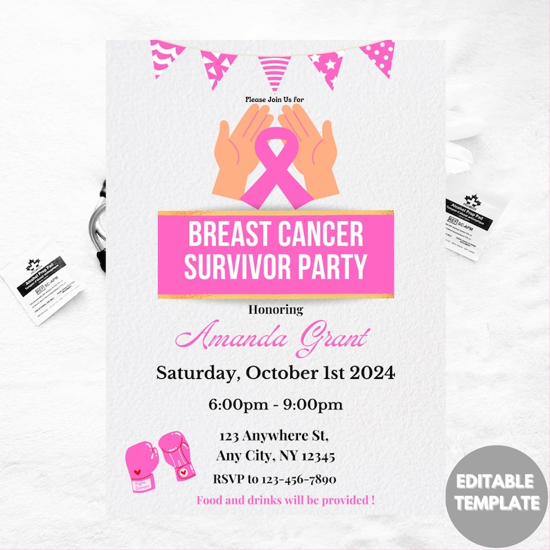 Interchangeable Breast Cancer Survivor Party Invitation: Pink Ribbon ...
