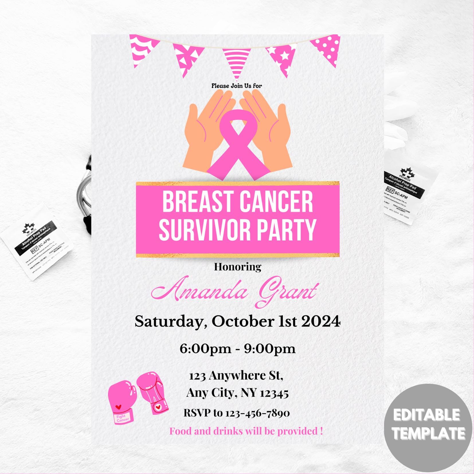 Interchangeable Breast Cancer Survivor Party Invitation: Pink Ribbon ...