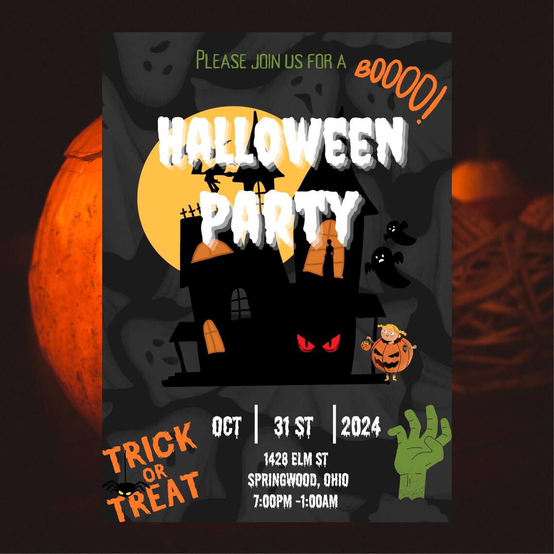 Kids Scary Animated Halloween Party Invitation: Editable Costume Party ...