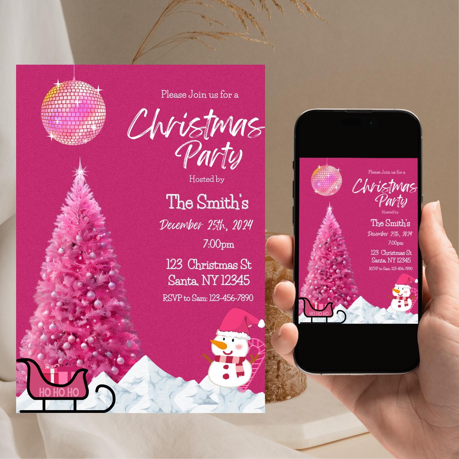 Pink Christmas Party Invitation: Editable Wonderland Design (digital ...