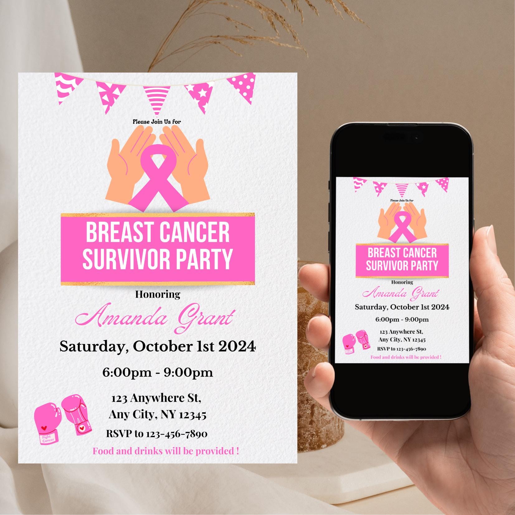 Interchangeable Breast Cancer Survivor Party Invitation: Pink Ribbon ...