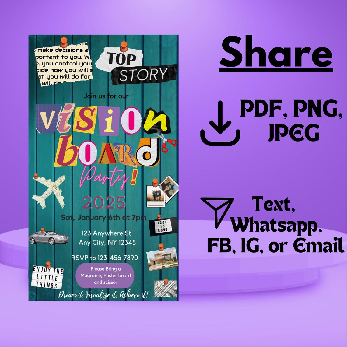 2025 Teal Vision Board Party Invitation, Manifestation Board, New Year ...