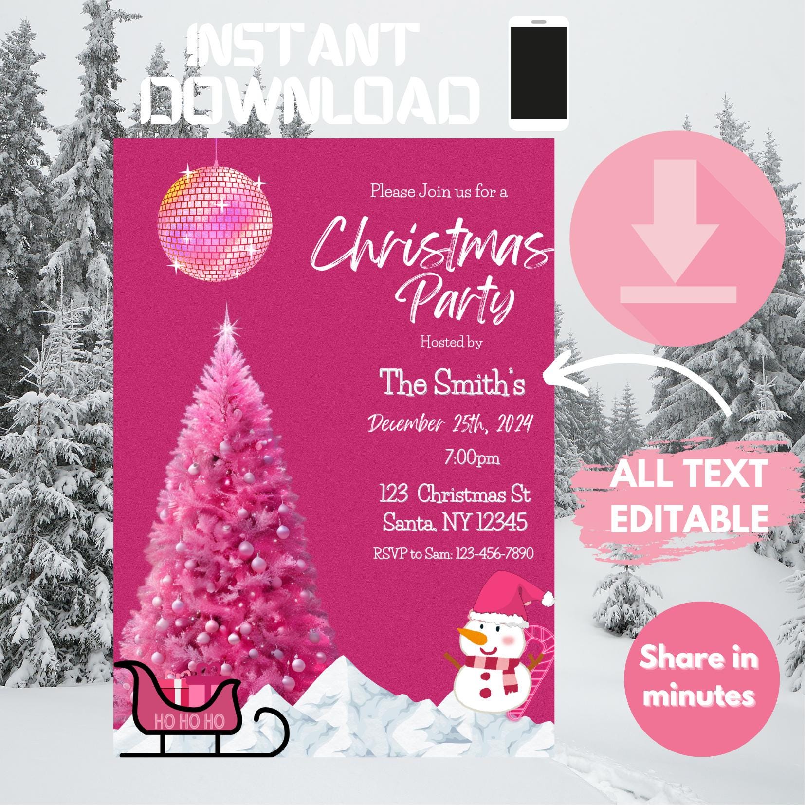 Pink Christmas Party Invitation: Editable Wonderland Design (digital ...