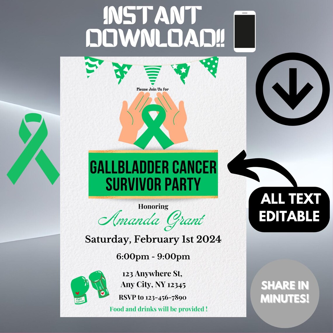 Interchangeable Gallbladder Cancer Survivor Party Invitation, Benefit ...