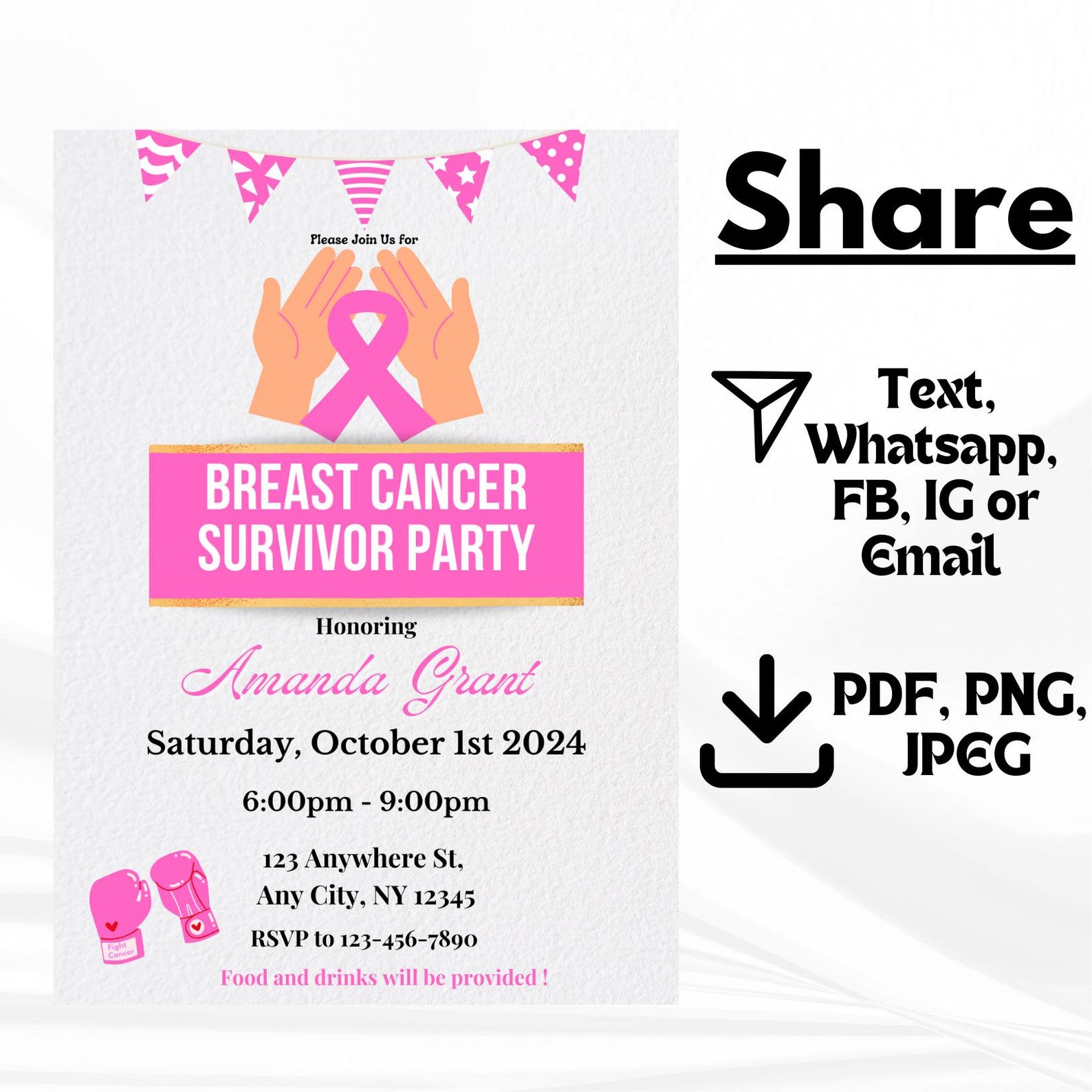 Interchangeable Breast Cancer Survivor Party Invitation: Pink Ribbon ...
