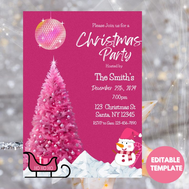 Pink Christmas Party Invitation: Editable Wonderland Design (digital ...