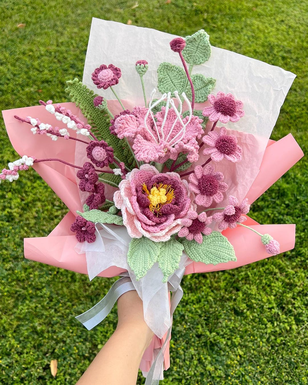 Handmade Crochet Flower Bouquet: Smoky Plum Cotton Yarn, Home Decor - Etsy