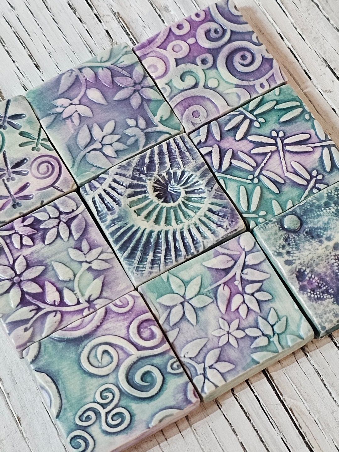 In the Garden Watercolor Tiles, Mosaics, Artistic Handmade, Dragonflies ...