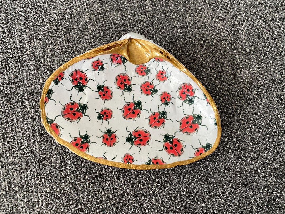 Large Gold Rimmed Ladybug Decoupage Clamshell Trinket Dish - Etsy
