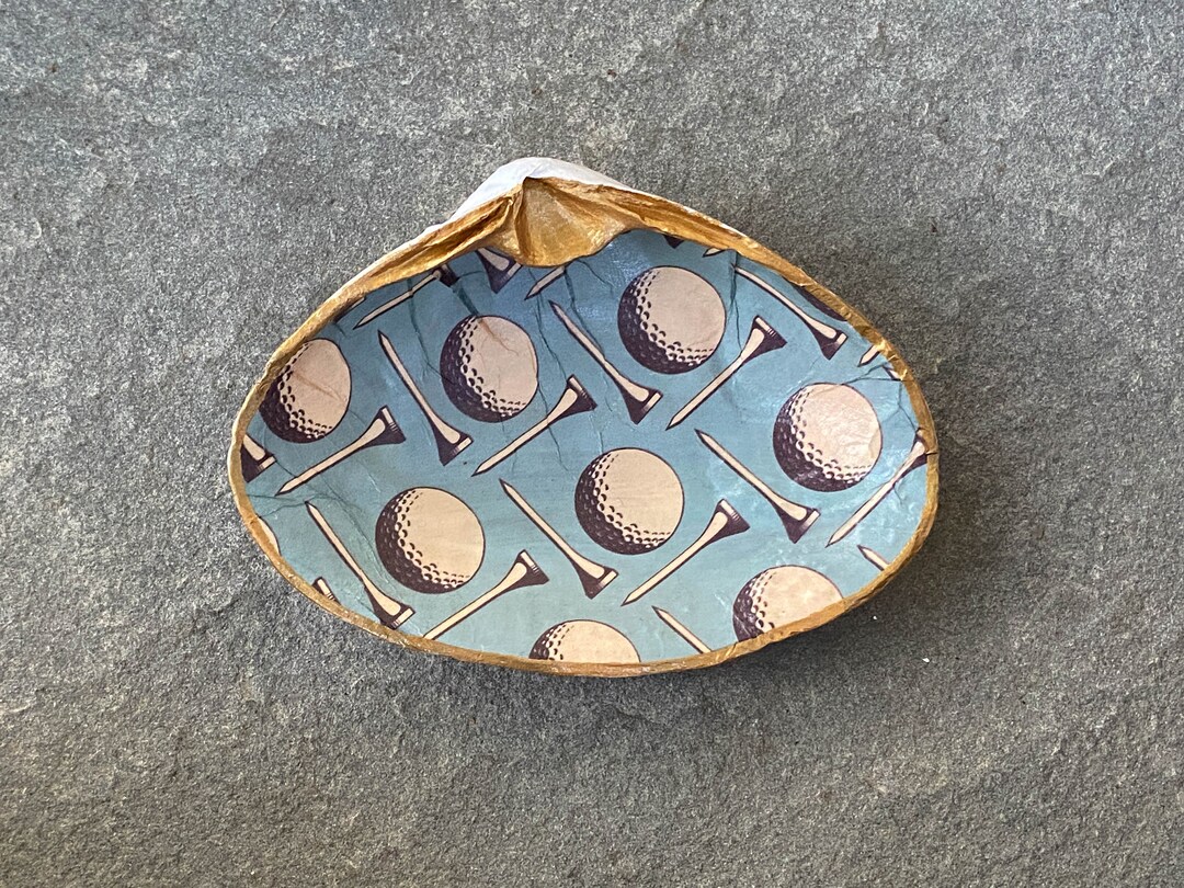 XL Gold Rimmed Golf Ball and Tee Decoupage Nantucket Clamshell Jewelry ...