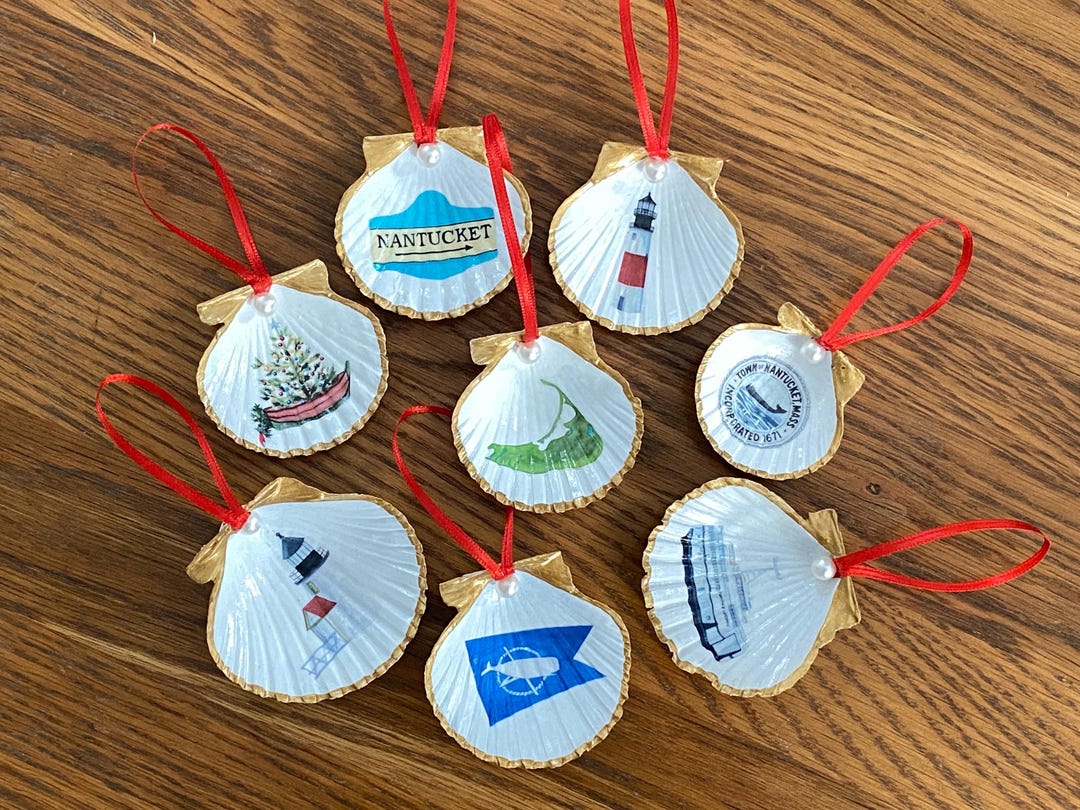 Nantucket Scallop Shell Christmas Tree Decoupage Ornaments - Set of 8 ...
