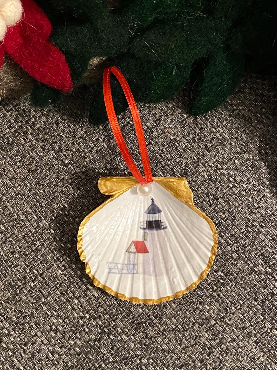 Nantucket Decoupage Scallop Shell Christmas Ornament - Brant Point Lighthouse With Gold Edge - Etsy