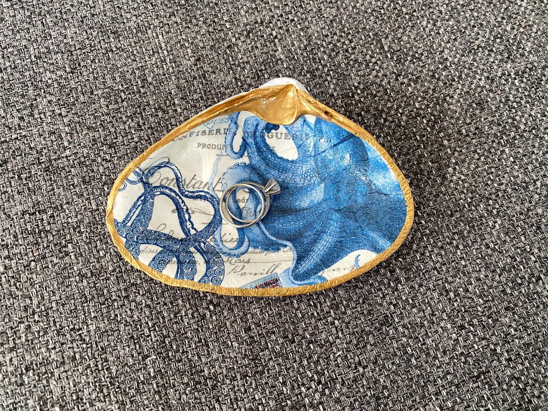 Octopus Shell Art – Gold Rim Decoupage Sea Shell, Coastal Nautical ...