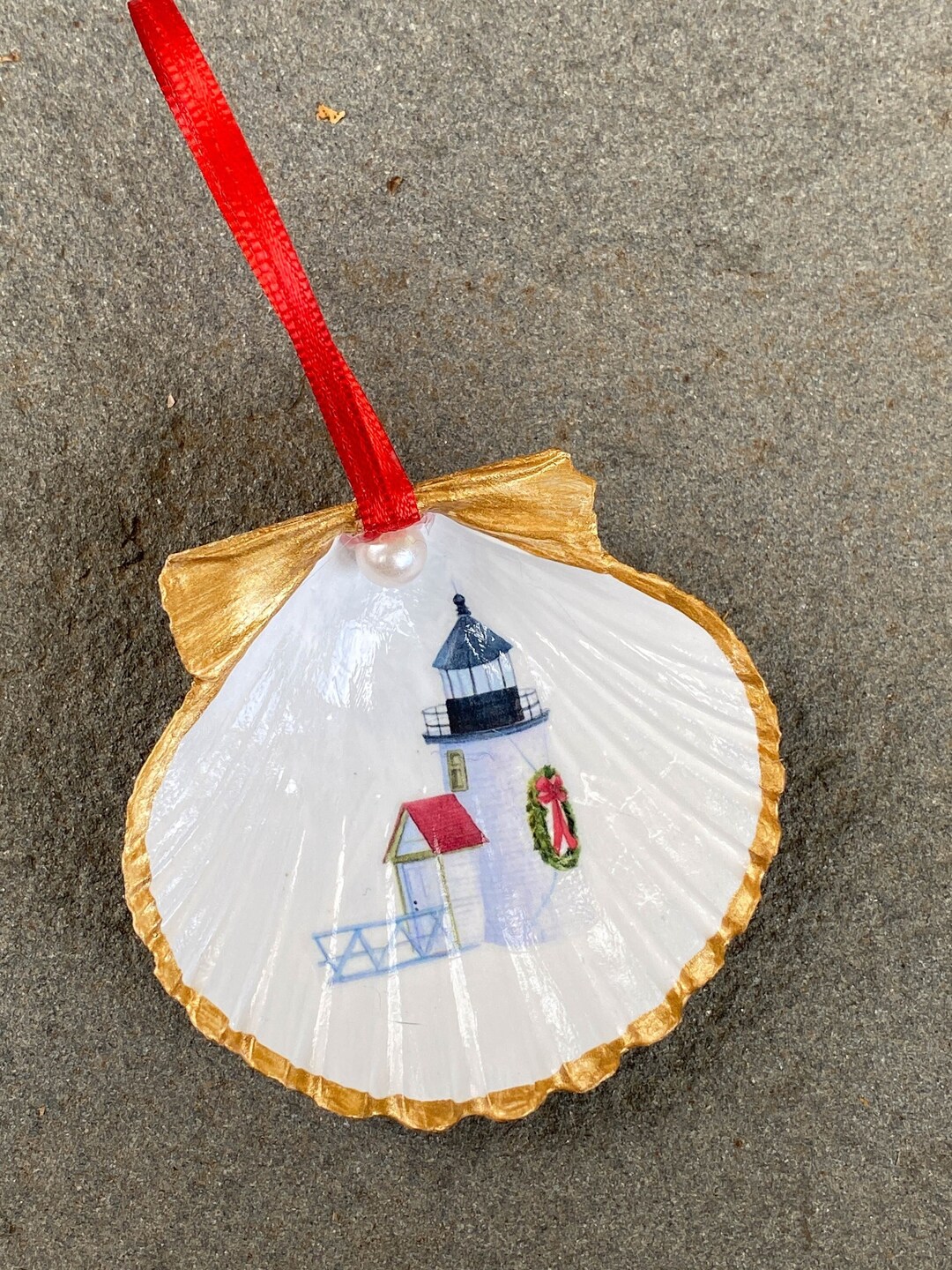Nantucket Decoupage Scallop Shell Christmas Ornament - Brant Point With ...