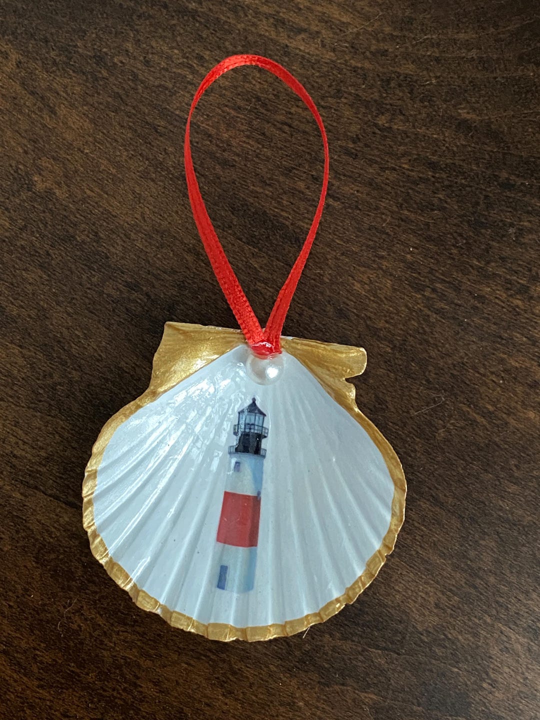 Nantucket Decoupage Scallop Shell Christmas Ornament - Sankaty Lighthouse Light and Gold Edging ...
